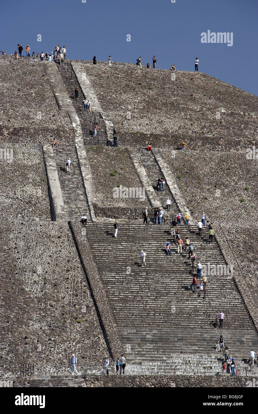 Tourists walking up the Pyramide of the Sun in the archaeological site ...