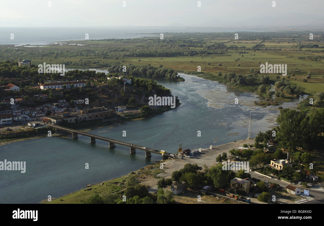 REPUBLIC OF ALBANIA. Landscape with a bridge over Buna river with Lake ...