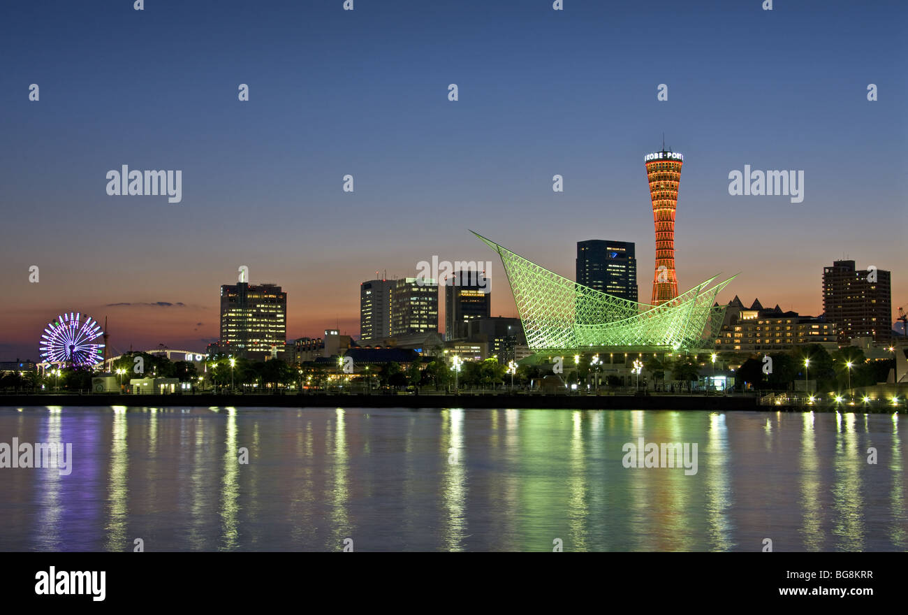 JAPAN. KOBE. Meriken Park night view with the harbor tower and the ...