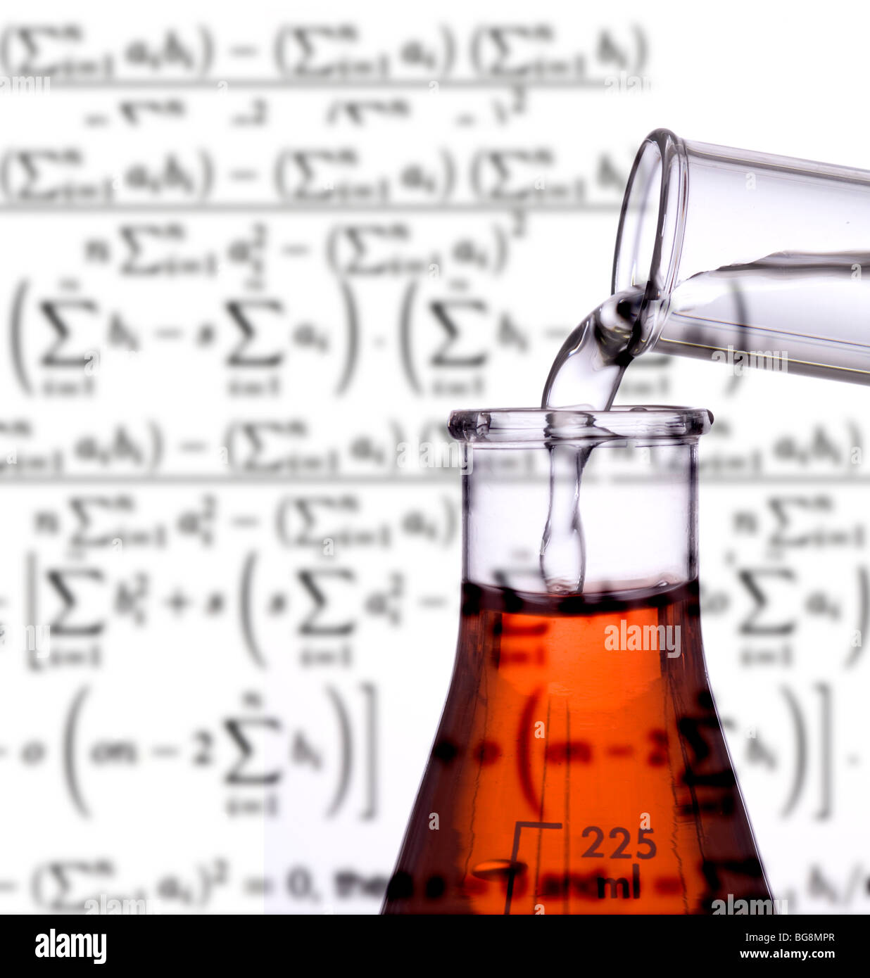 pouring liquid into Erlenmeyer flask in lab environment with background ...