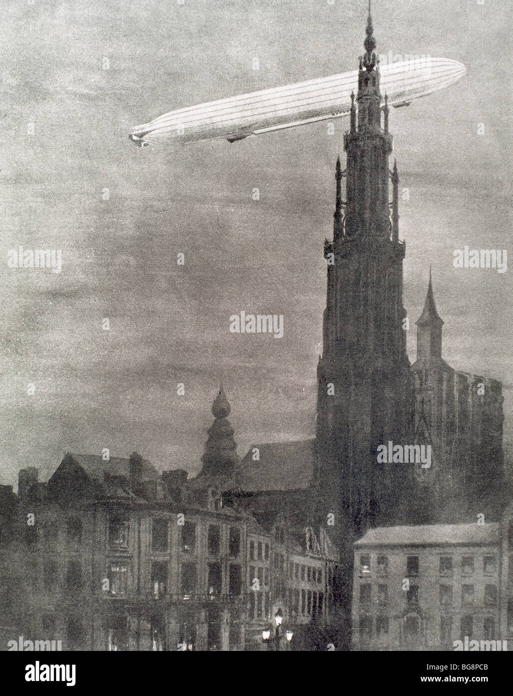 WORLD WAR I (1914-1918). First german zeppelin over Antwerp the night ...