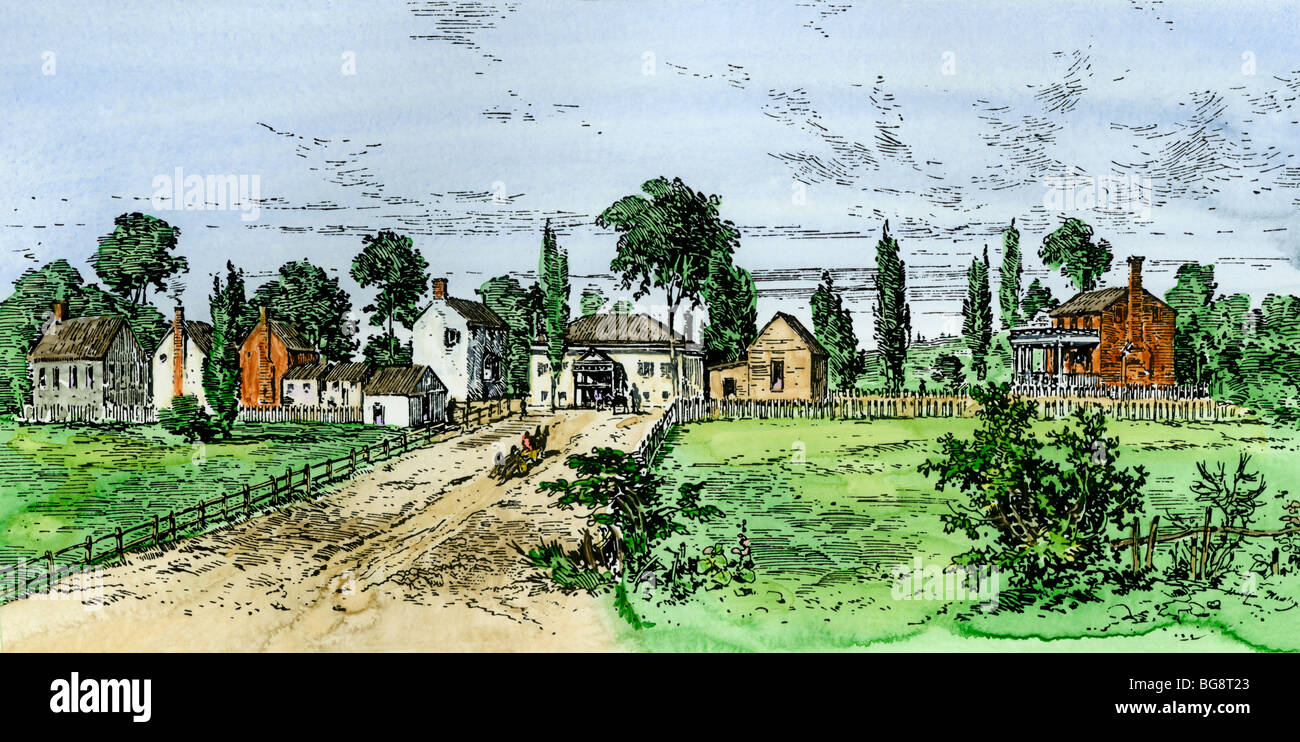 Village of Appomattox Court House, Virginia, in the mid-1800s. Hand ...