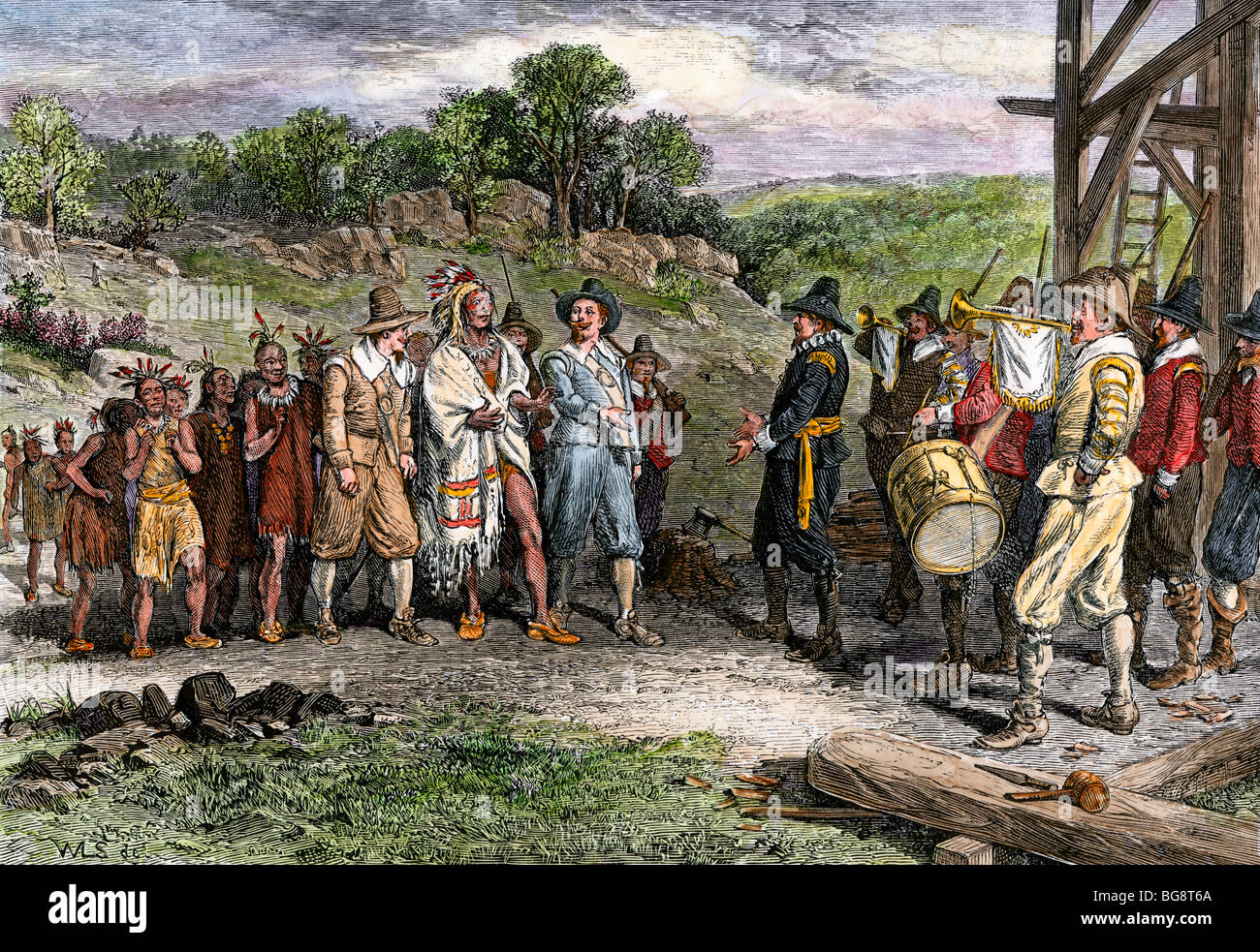 Wampanoag leader Massasoit visiting colonists at Plymouth, 1620s Stock ...