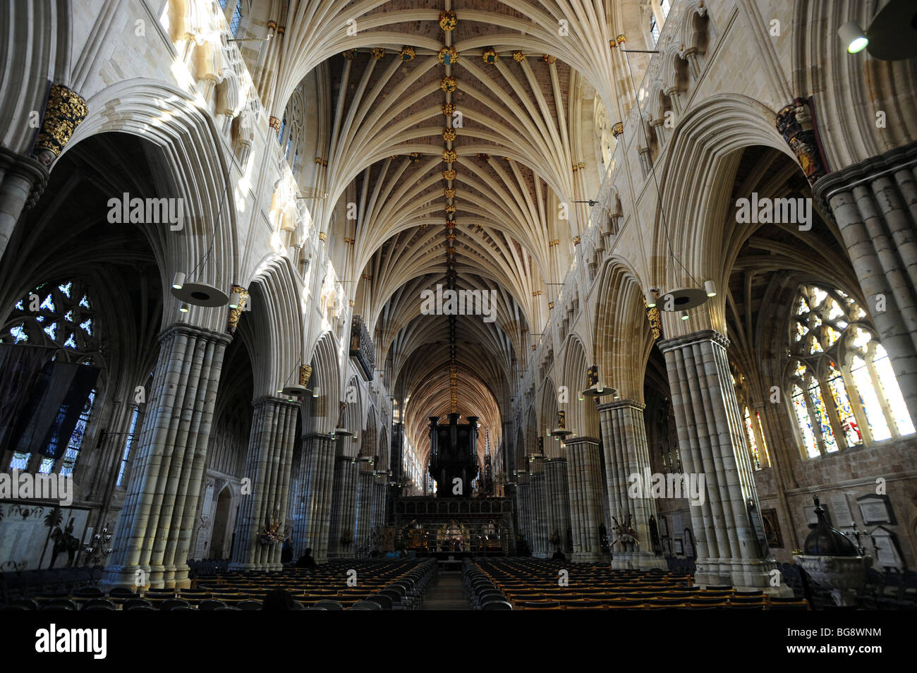 The interior of Exeter Cathedral showing the Nave and vaulting which is ...