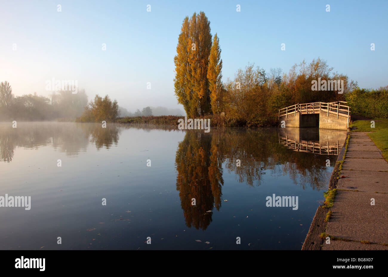 Footbridge and poplars on the River Thames Path at Shiplake England UK ...