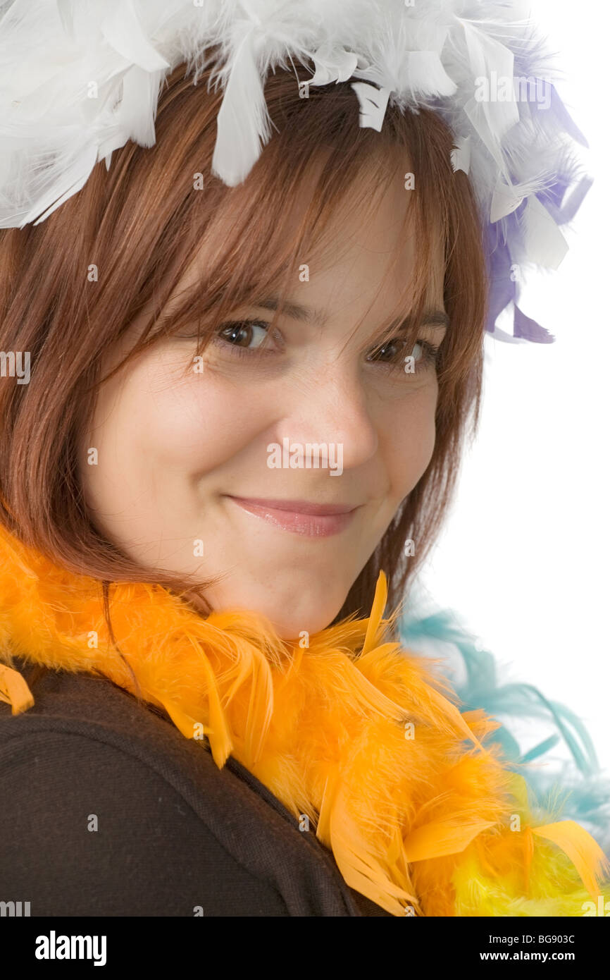 portrait of young merry woman in colorful feather boa Stock Photo - Alamy