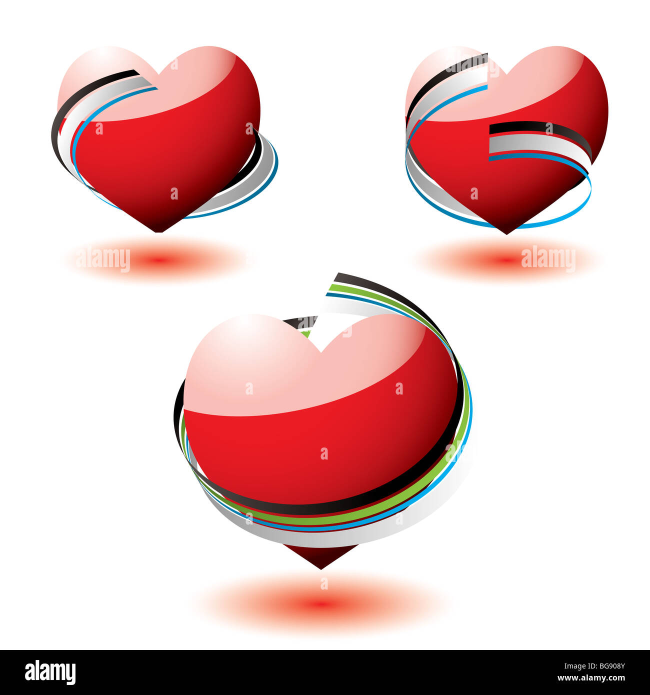 Three red love hearts with silk colourful ribbon Stock Photo - Alamy