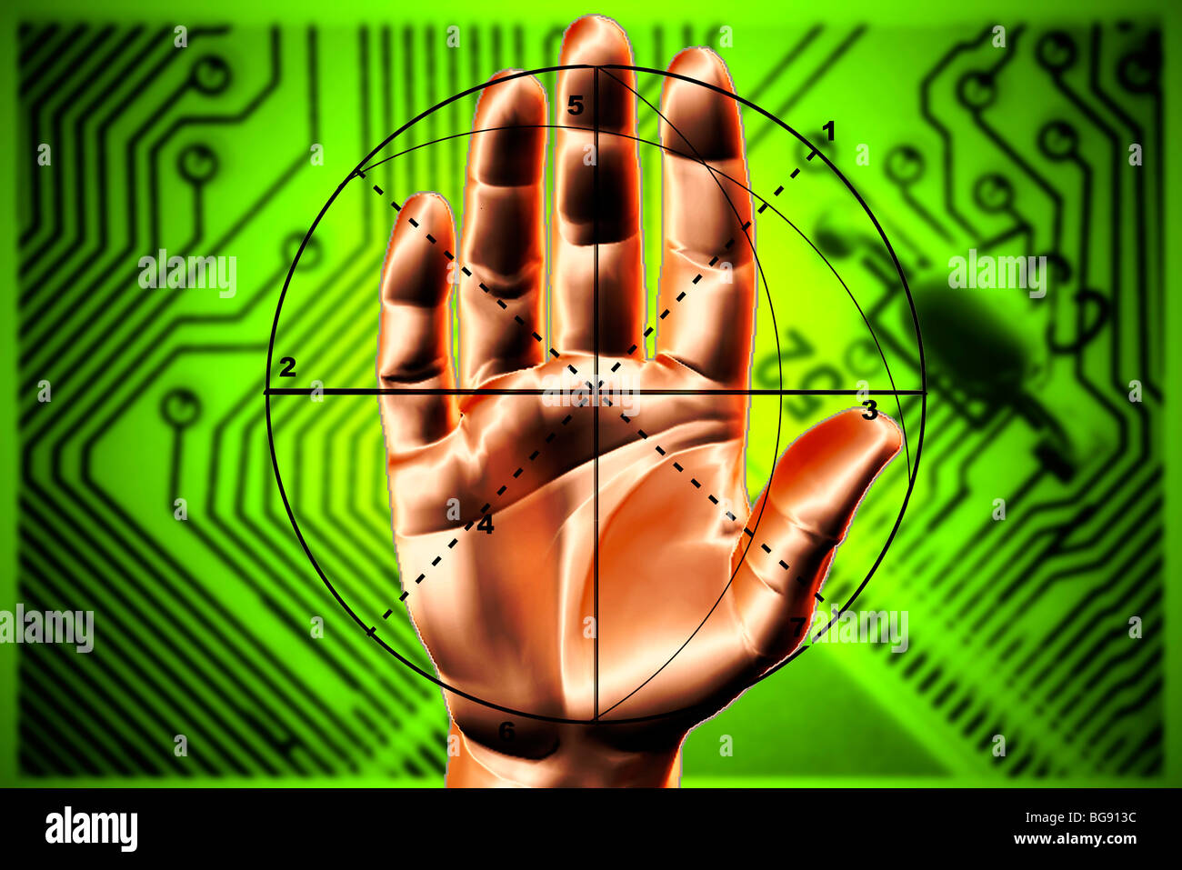 computer generated hand and abstract numerical circular diagram with ...