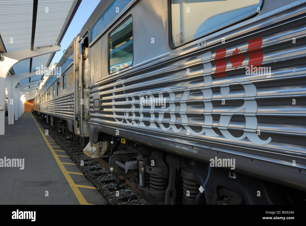 Via Rail train cars at loading platform Stock Photo - Alamy