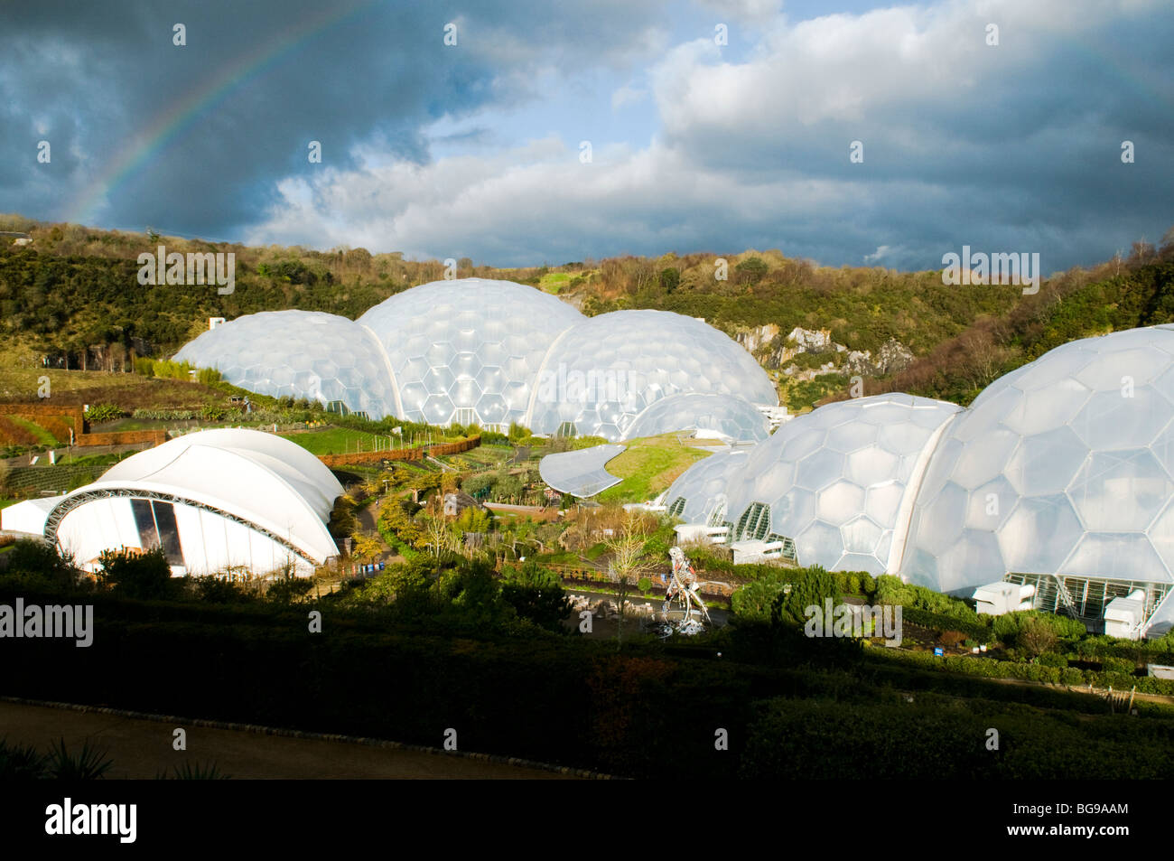 The Eden Project biomes and a rainbow, Cornwall Stock Photo - Alamy