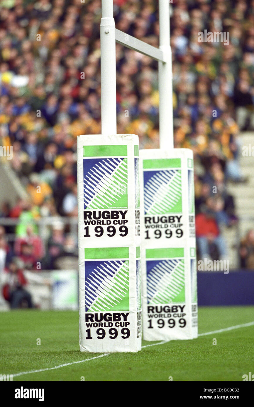 Rugby world cup banner around goal posts Stock Photo - Alamy