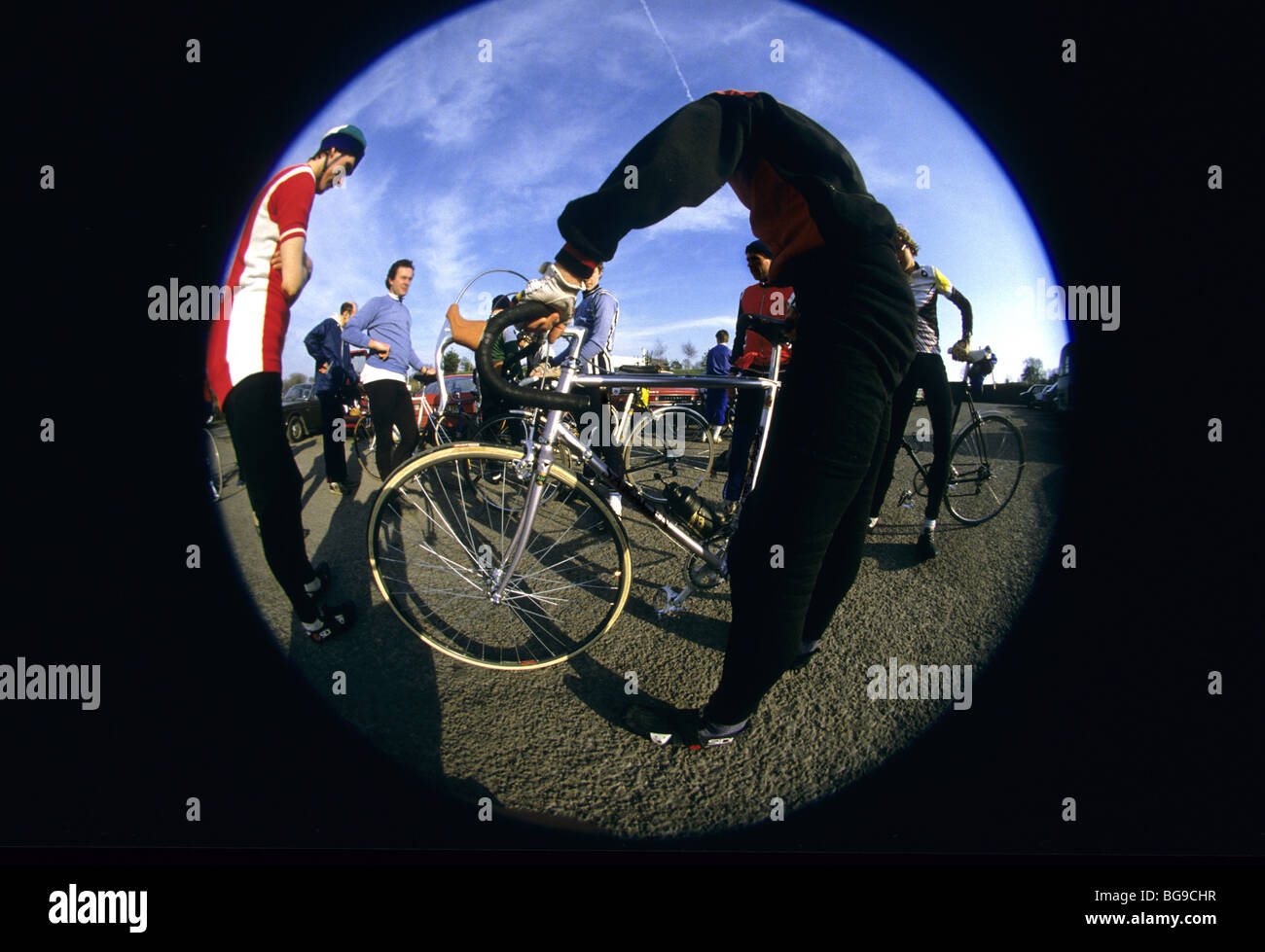 Fisheye view of group of cyclists with their bicycles Stock Photo - Alamy