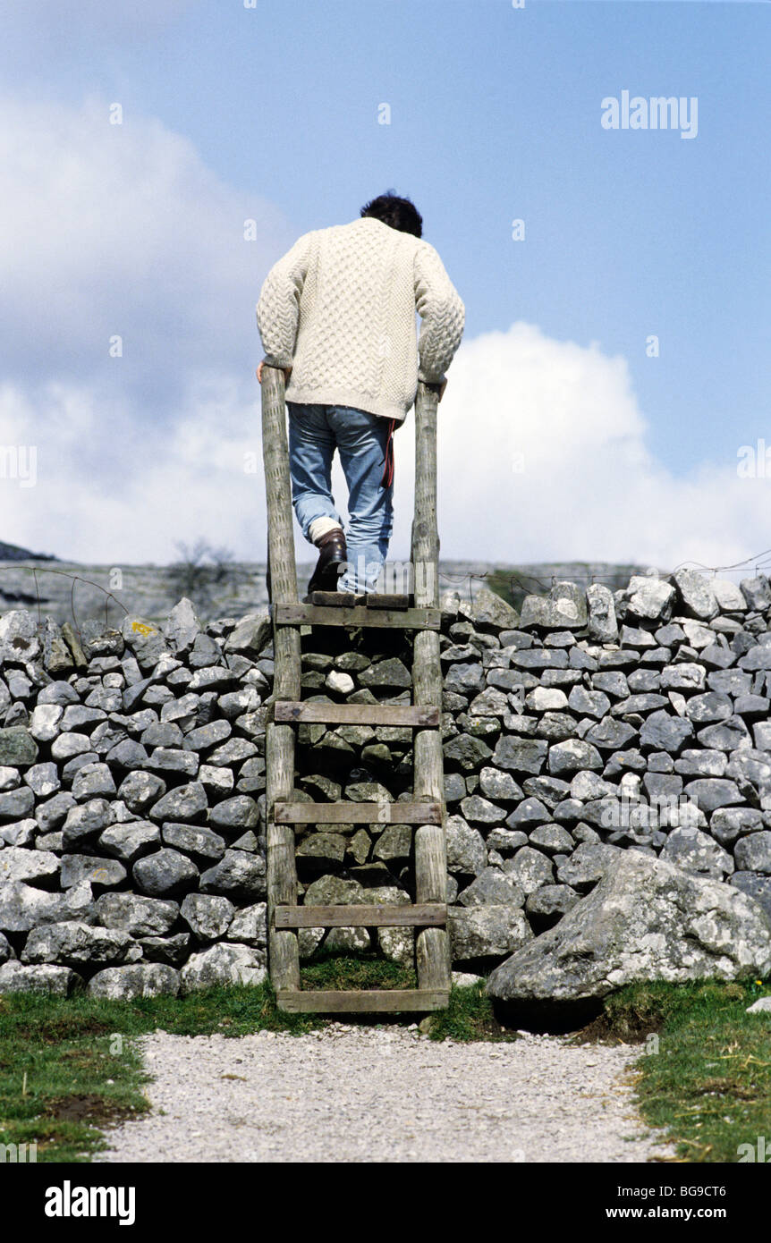 Man climbing a wooden ladder against a rock wall Stock Photo - Alamy