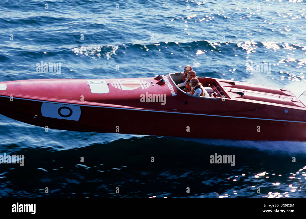 Single Hull Powerboat drives through still water in race Stock Photo ...