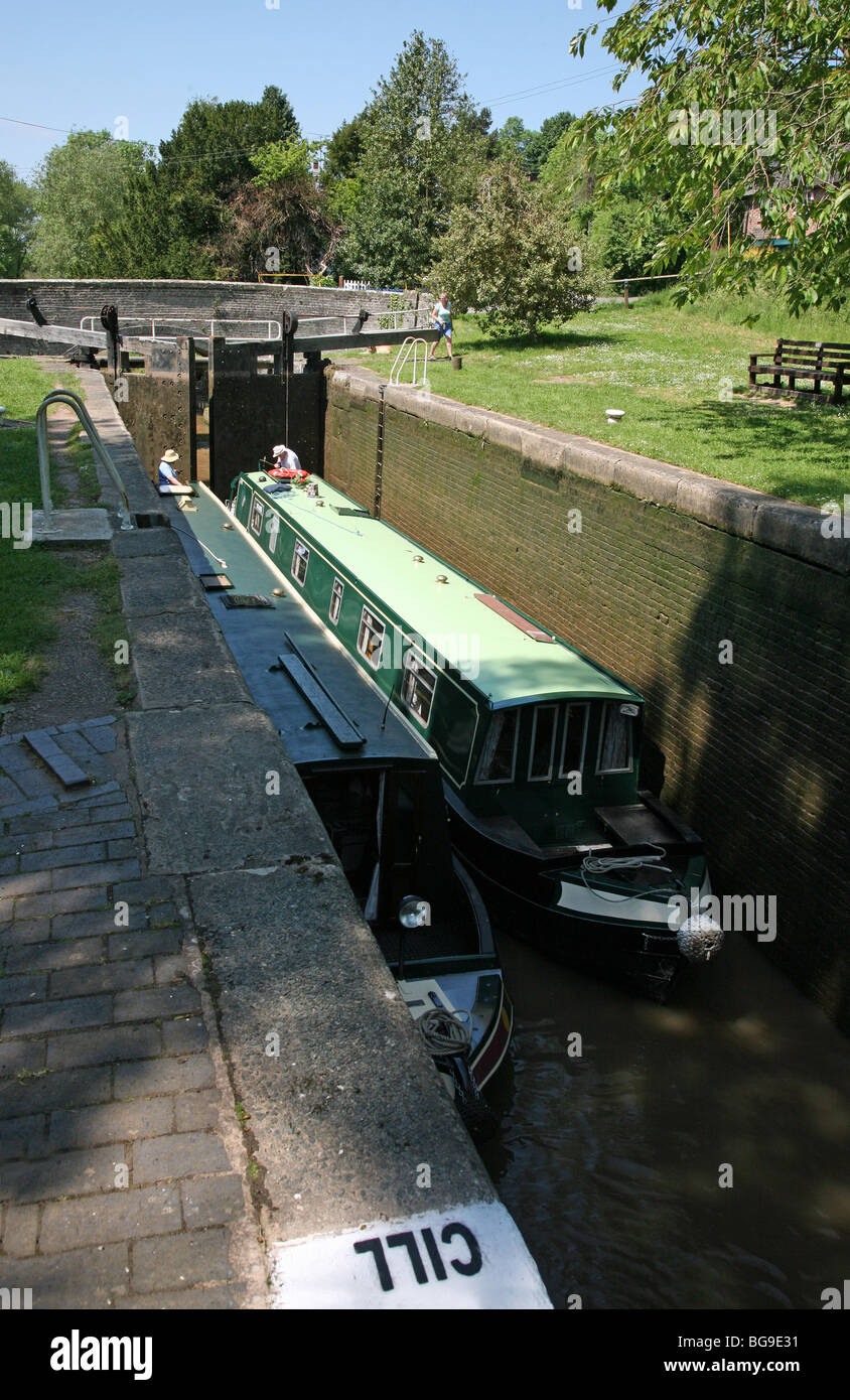 Two canal barges in a lock on the Trent and Mersey canal near Rode ...