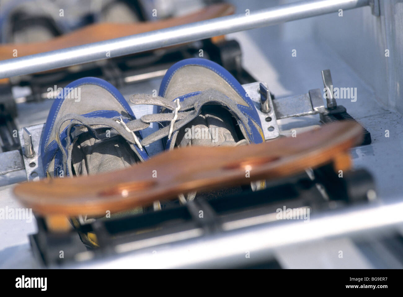 View of inside of a rowing boat with footbars Stock Photo - Alamy