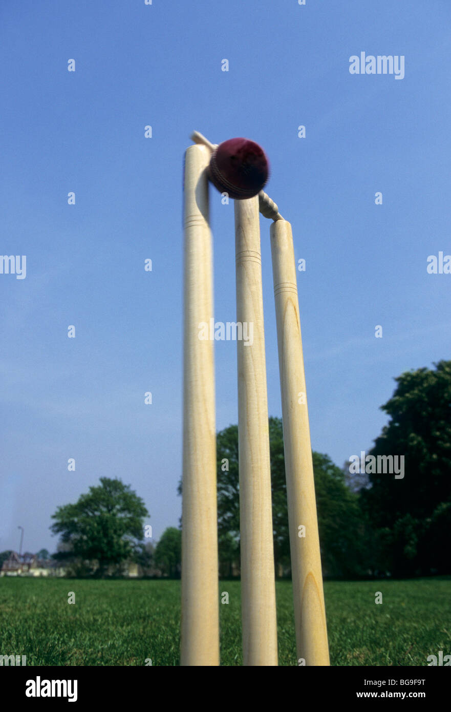 Close up of red cricket ball striking the stumps Stock Photo - Alamy