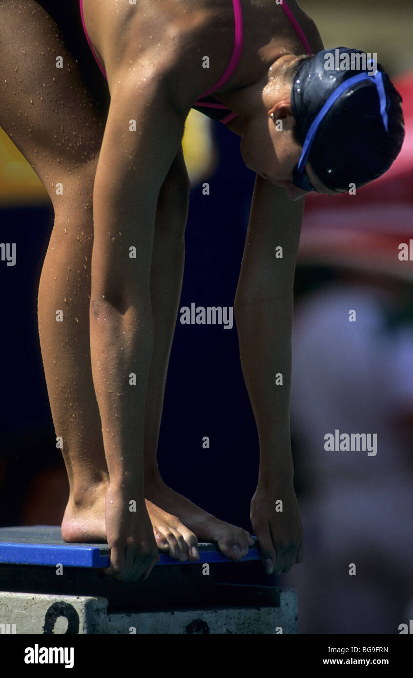 Swimmer set to dive into the pool Stock Photo - Alamy