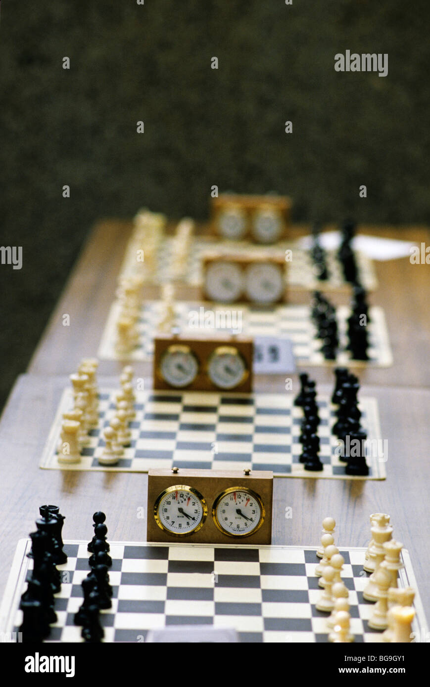 Tables set up for a chess competition Stock Photo - Alamy