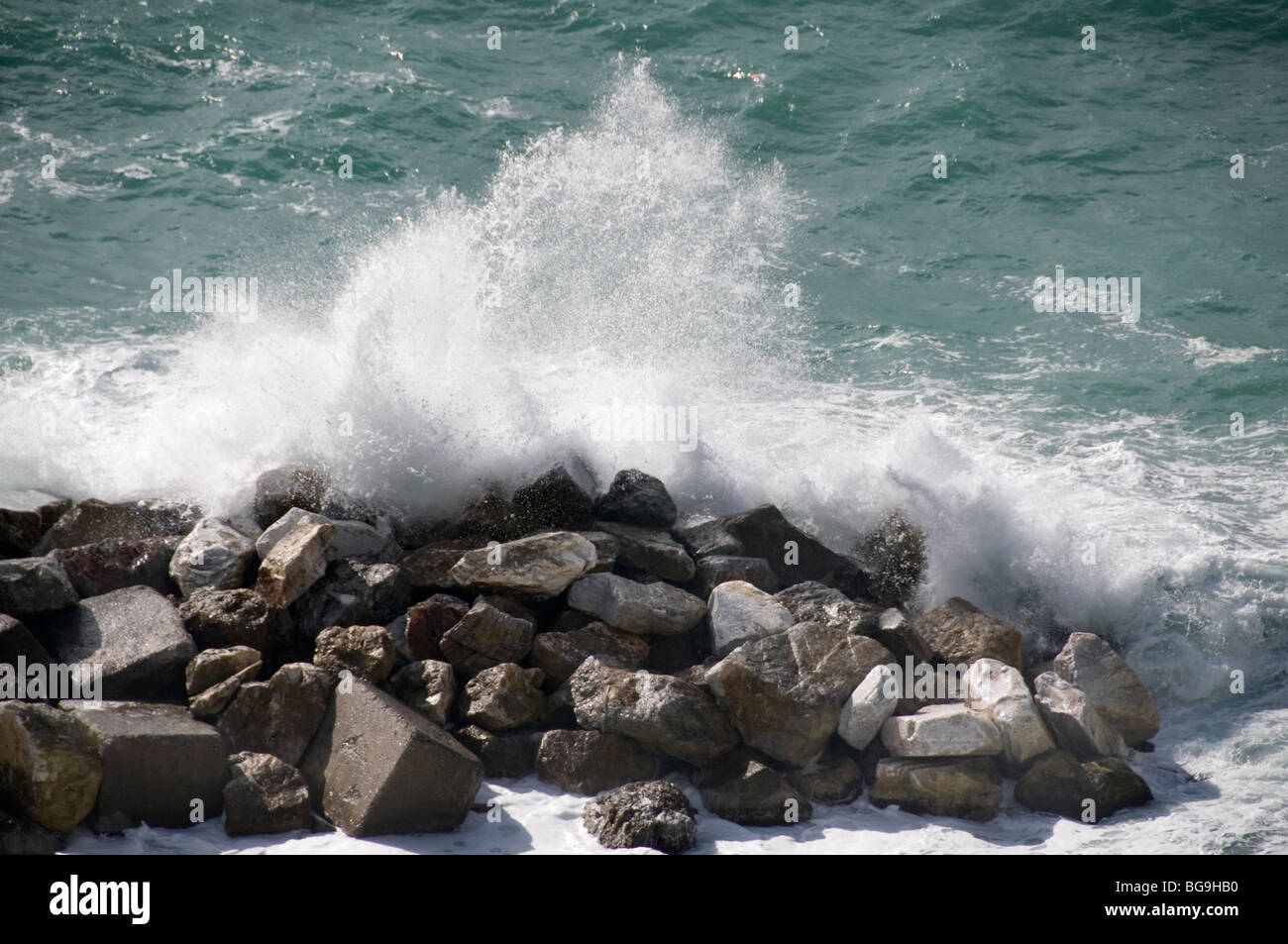 Surf at breakwater during storm ,Riomaggiore,Cinque Terre,Liguria ...