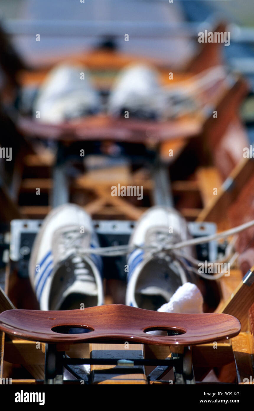 View of inside of a rowing boat with footbars Stock Photo - Alamy
