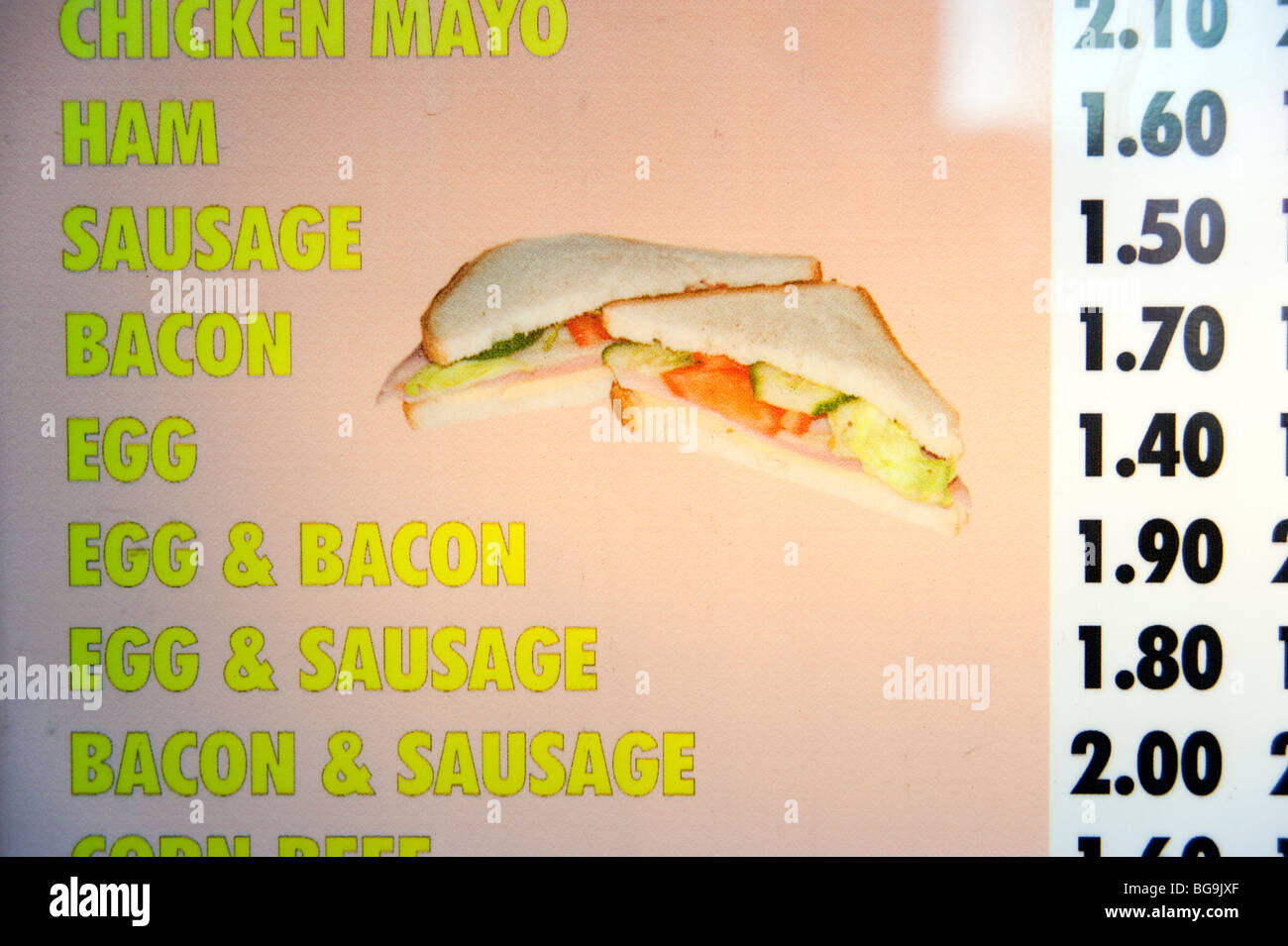 Sandwiches on menu in cafe window, England, Britain, UK Stock Photo - Alamy