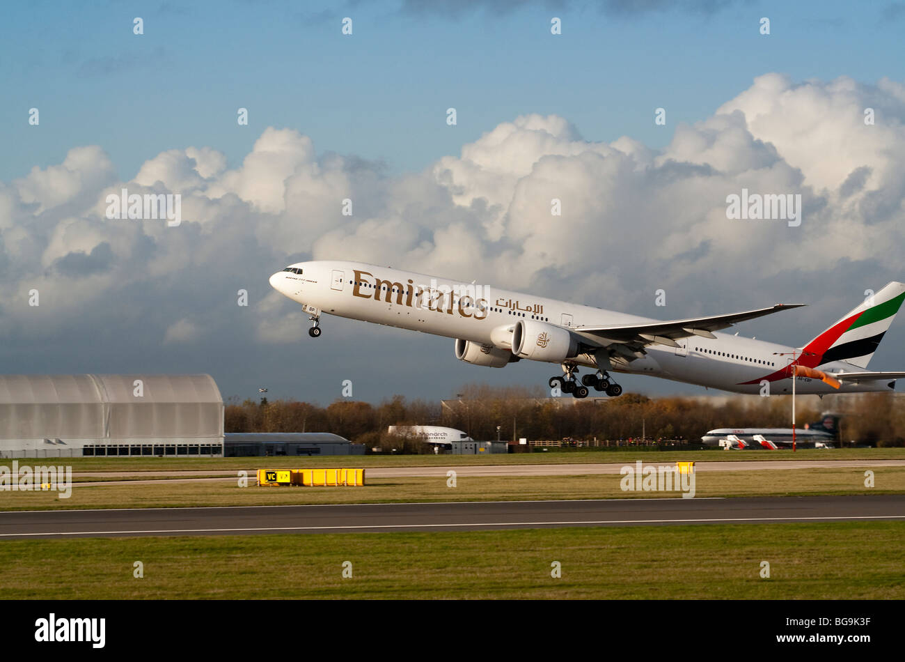 Emirates Boeing 777-300 ER taking off at Manchester International ...