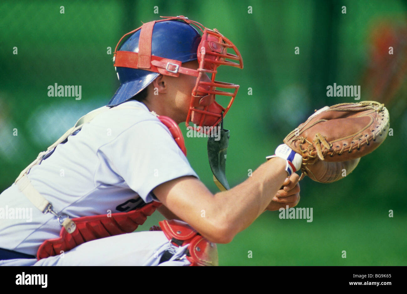 Baseball catcher wearing glove and face guard Stock Photo - Alamy