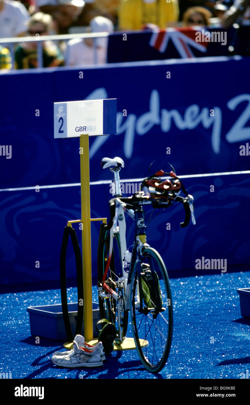 Triathletes bicycle at starting point Stock Photo - Alamy