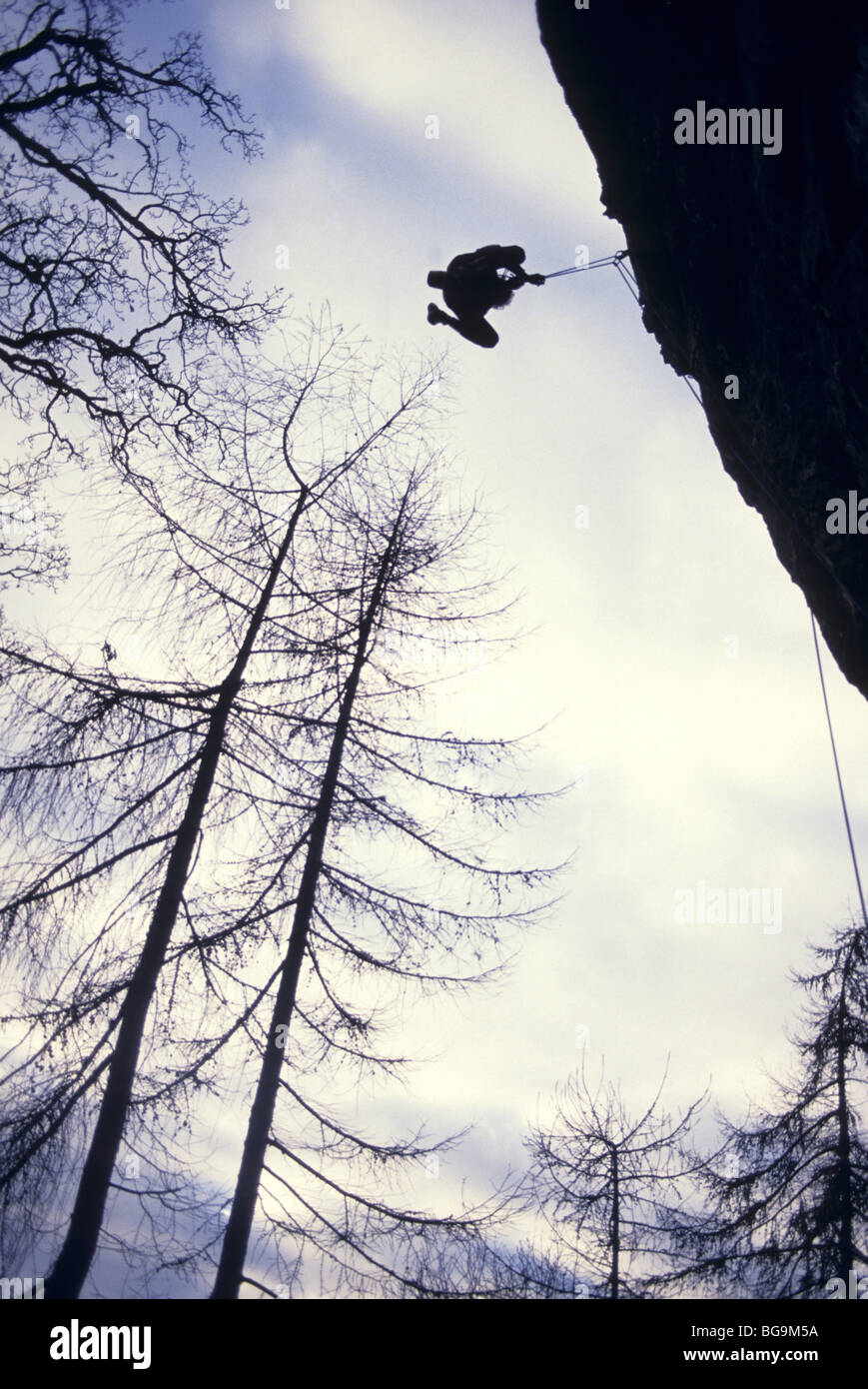 Man abseiling a rock face by trees Stock Photo - Alamy