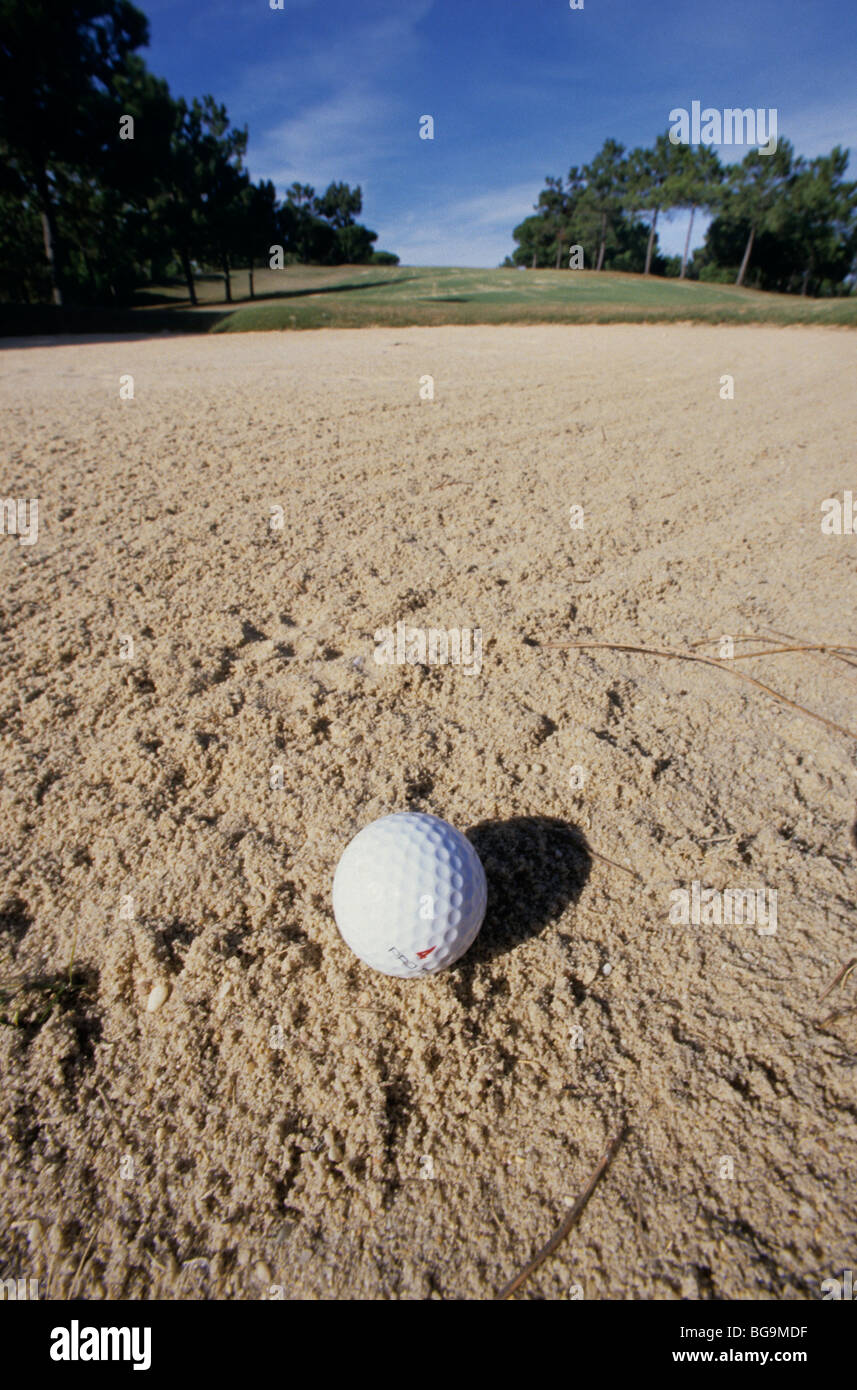 Golf ball in a sand bunker Stock Photo - Alamy