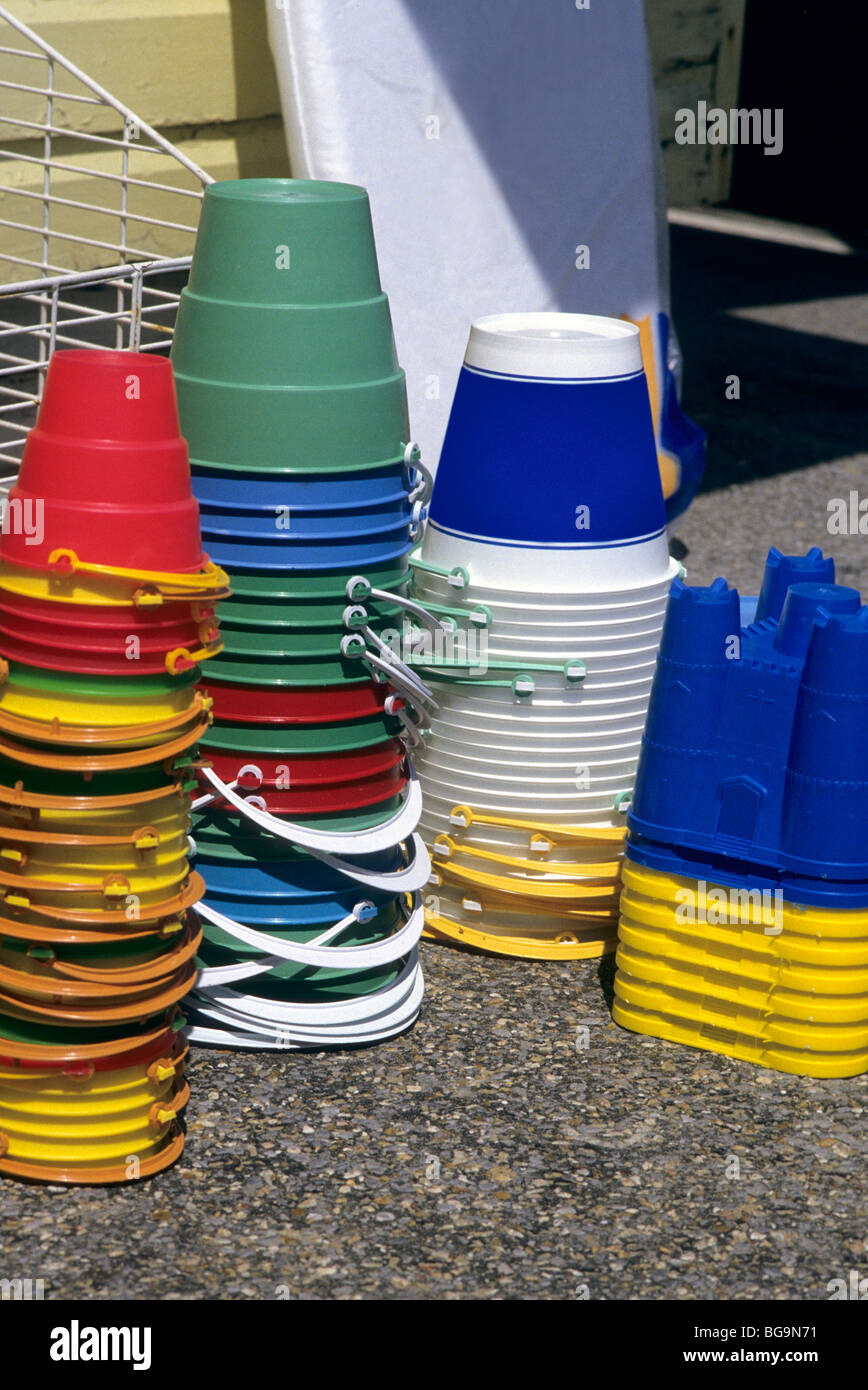 Stacks of beach buckets Stock Photo - Alamy