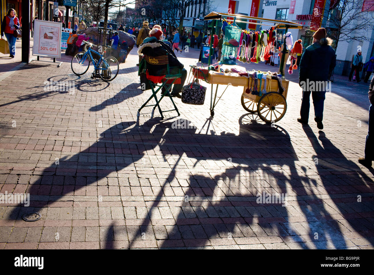 An outdoor vendor on Church Street pedestrian mall, business district ...