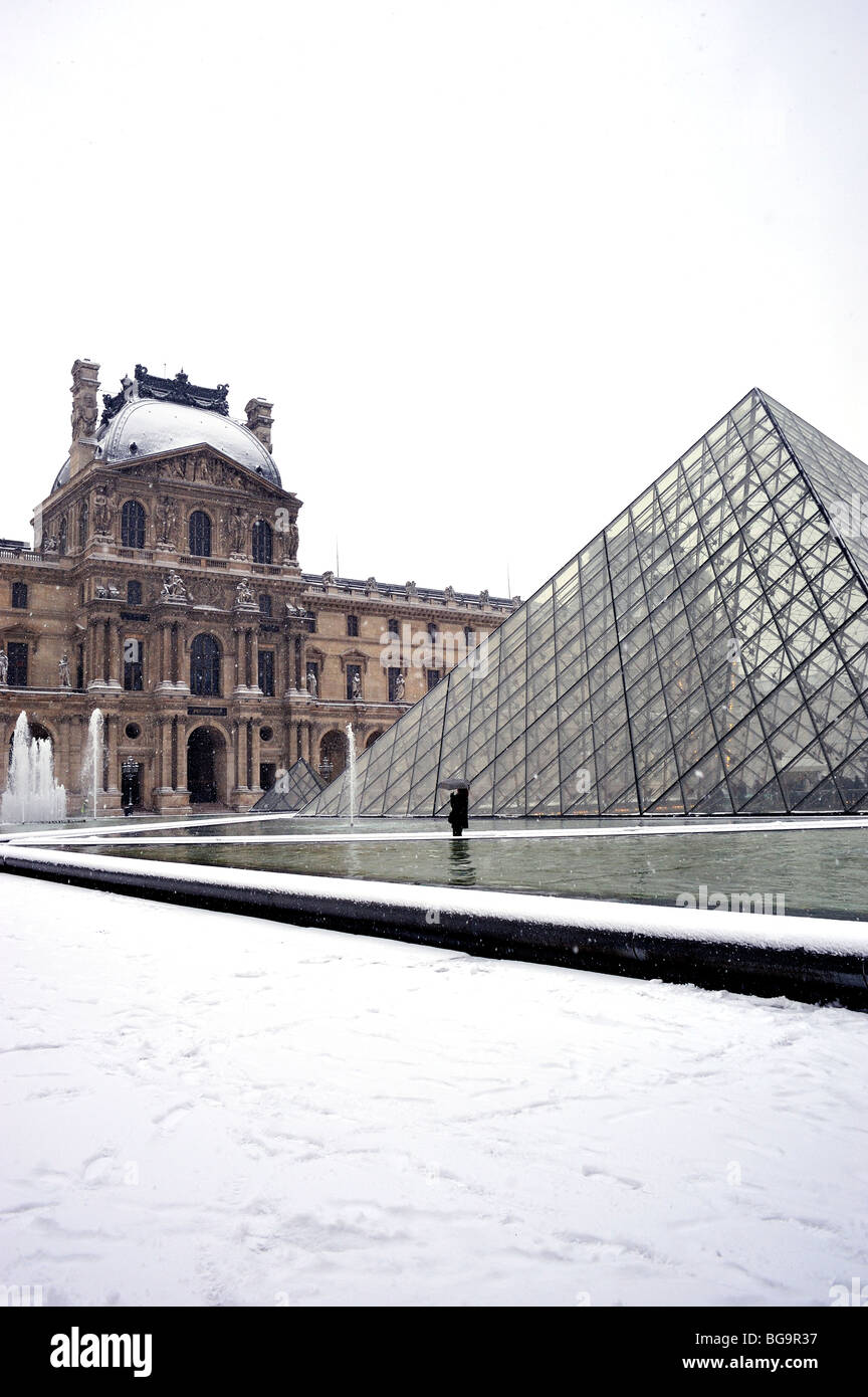 Paris, France, Winter Snow Storm, Pyramid at the Louvre Museum Building ...