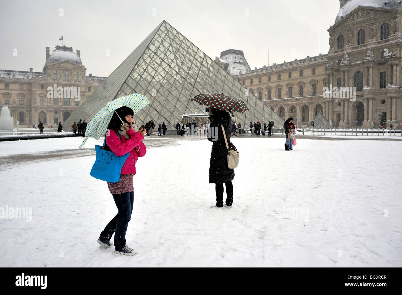 Paris, France, Women, Tourists, Walking Winter Scene Snow Storm ...