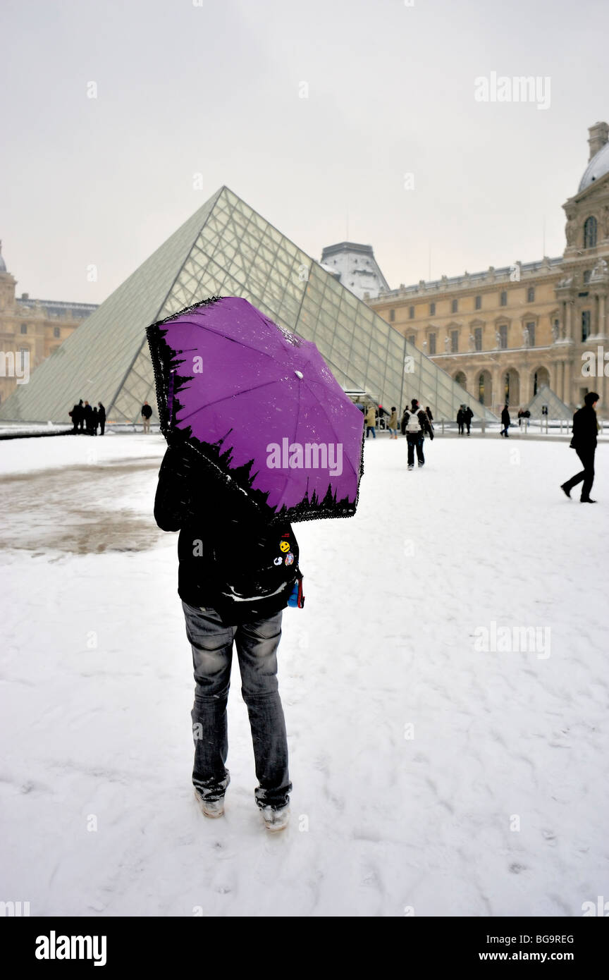 Paris, France, Winter Snow Storm, Pyramid at the Louvre Museum Building ...