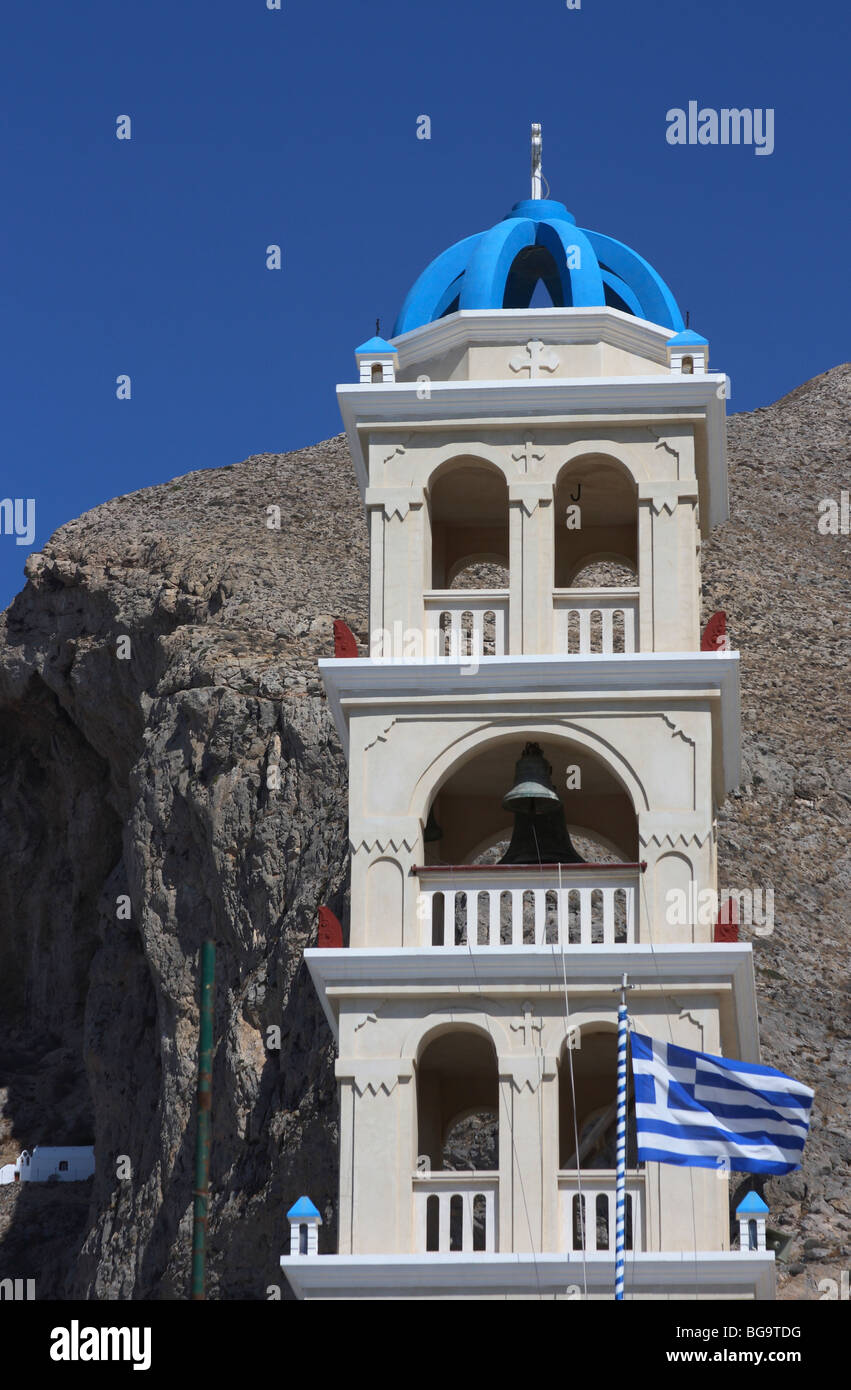 The Church of Holy Cross in the central square of Perissa on Santorini ...