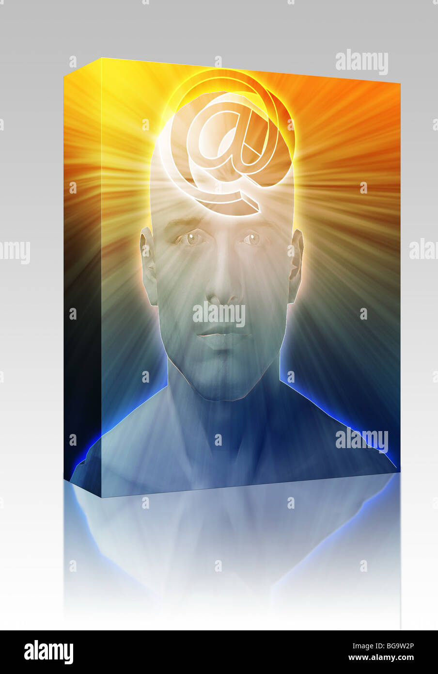 Software package box Man thinking about at internet symbol, floating on ...