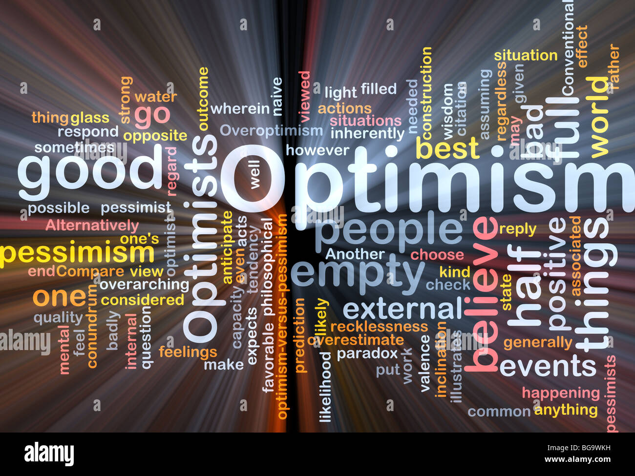 Word cloud concept illustration of optimism optimist glowing light ...