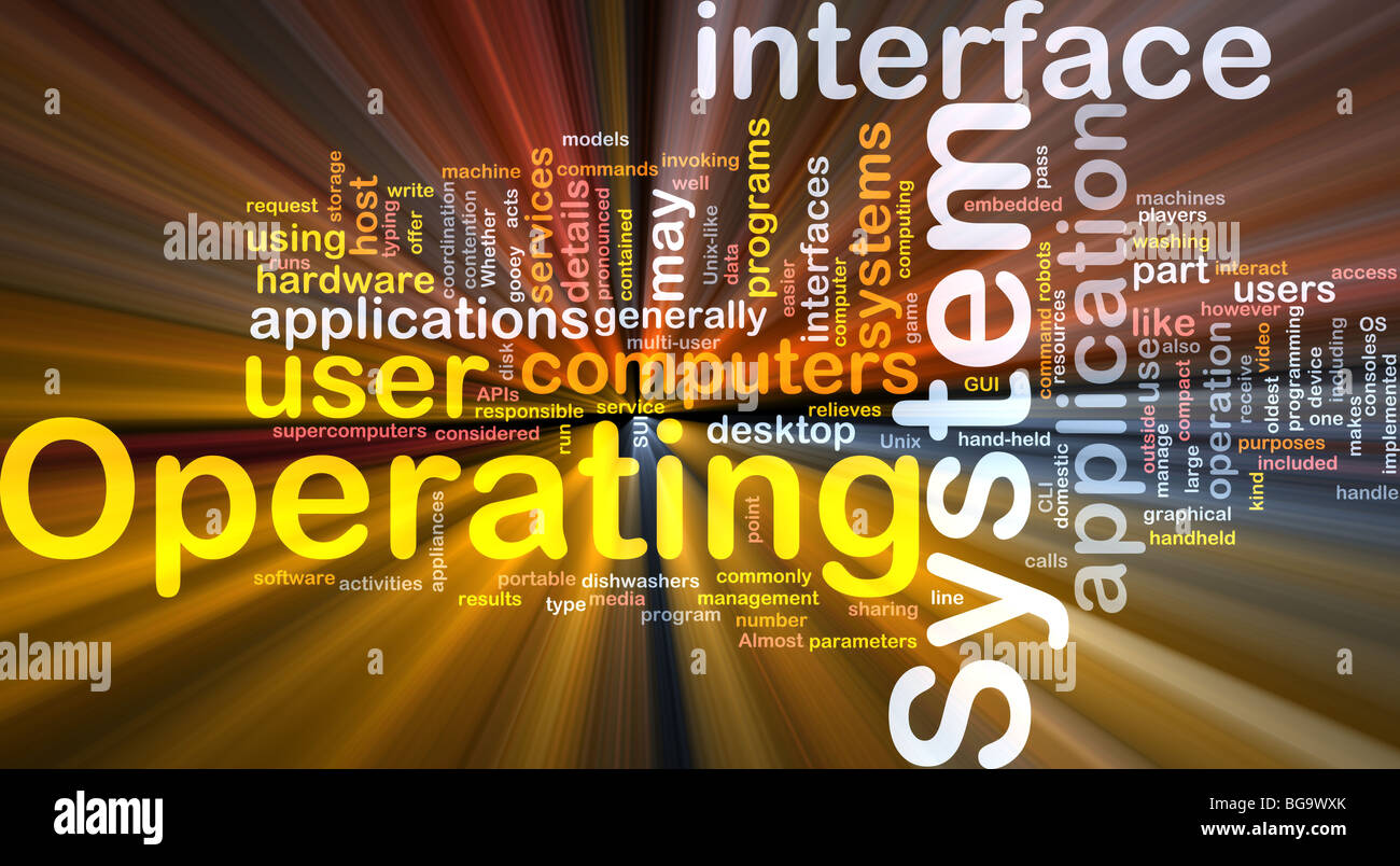 Word cloud concept illustration of operating system glowing light ...