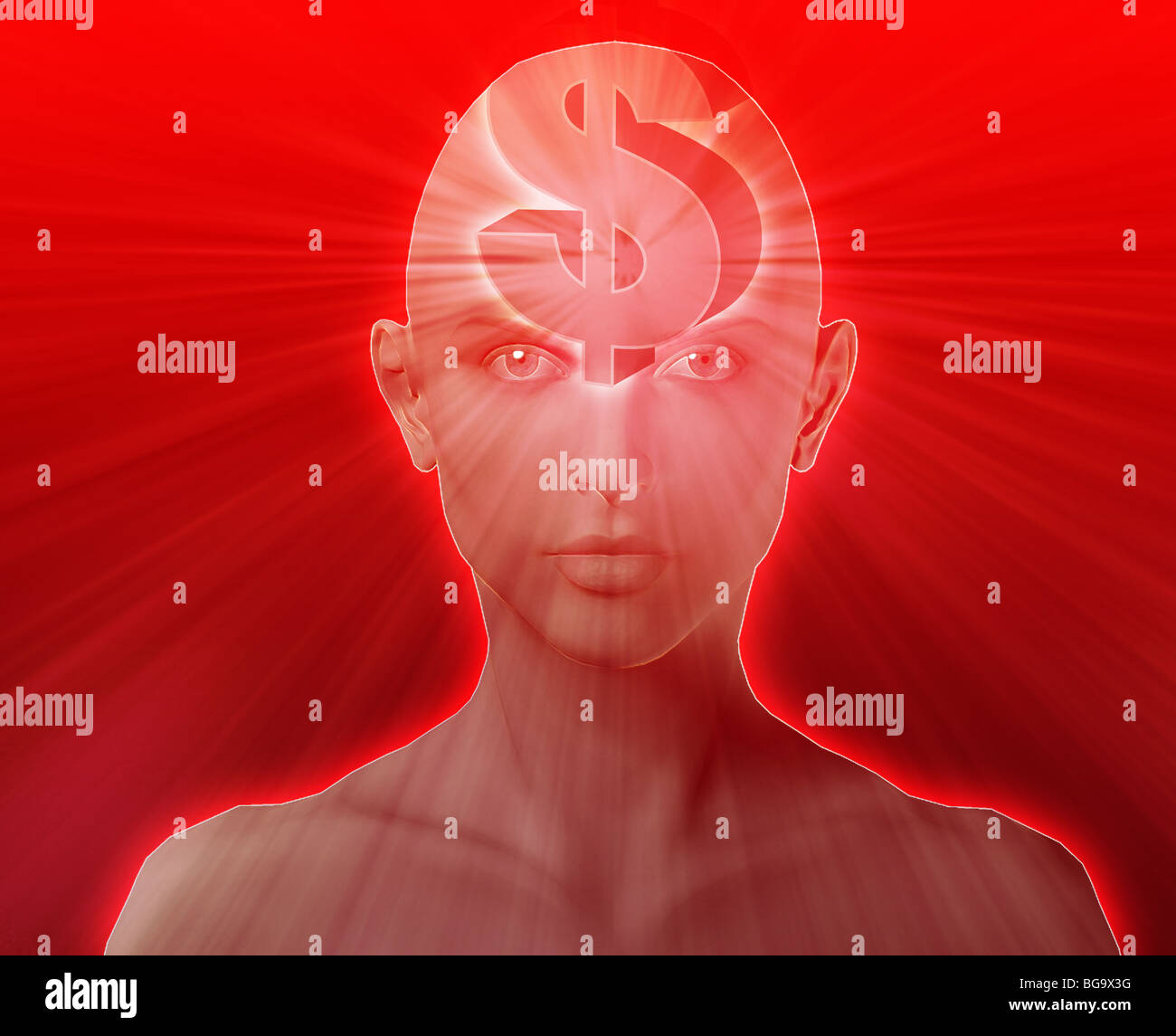 Woman thinking about money dollars,floating over head Stock Photo - Alamy