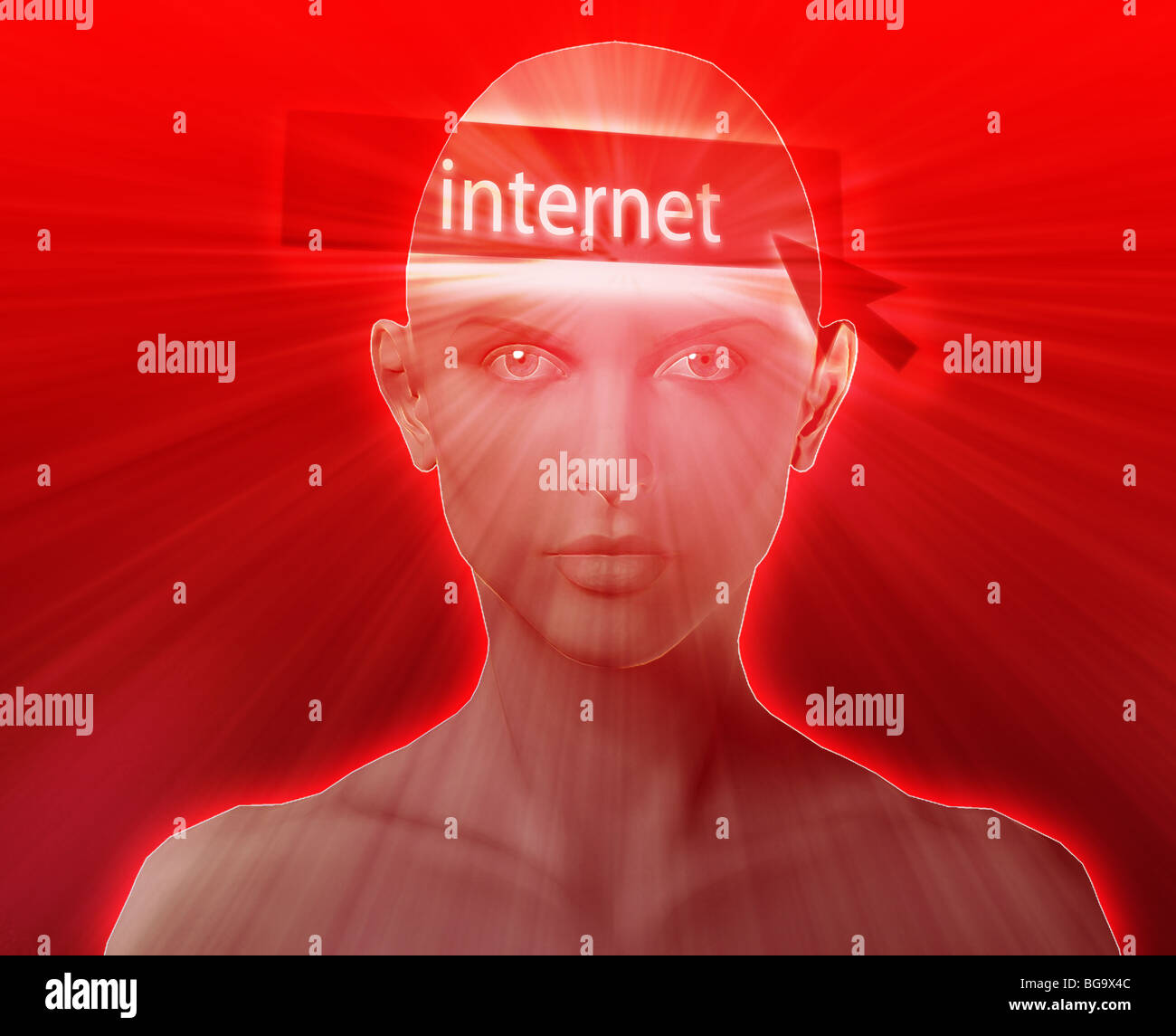 Woman thinking about internet clicking,floating over head Stock Photo ...