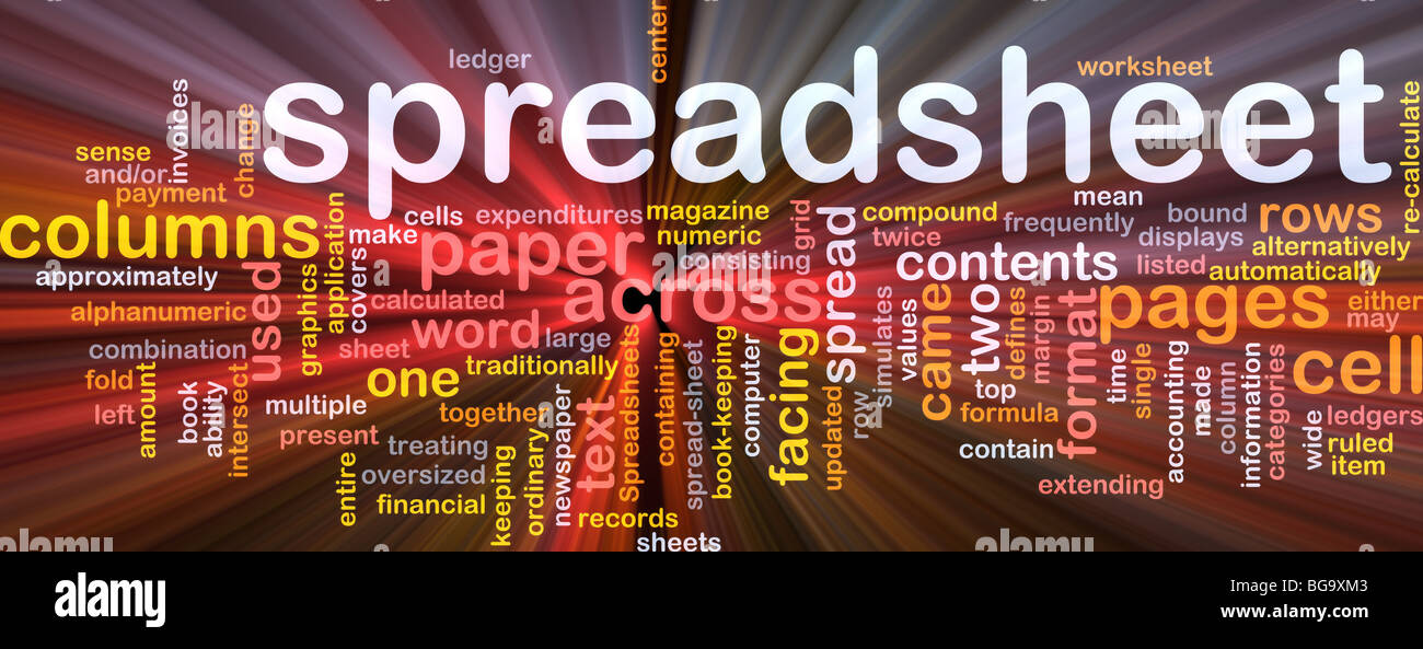 Word cloud concept illustration of spreadsheet software glowing light ...