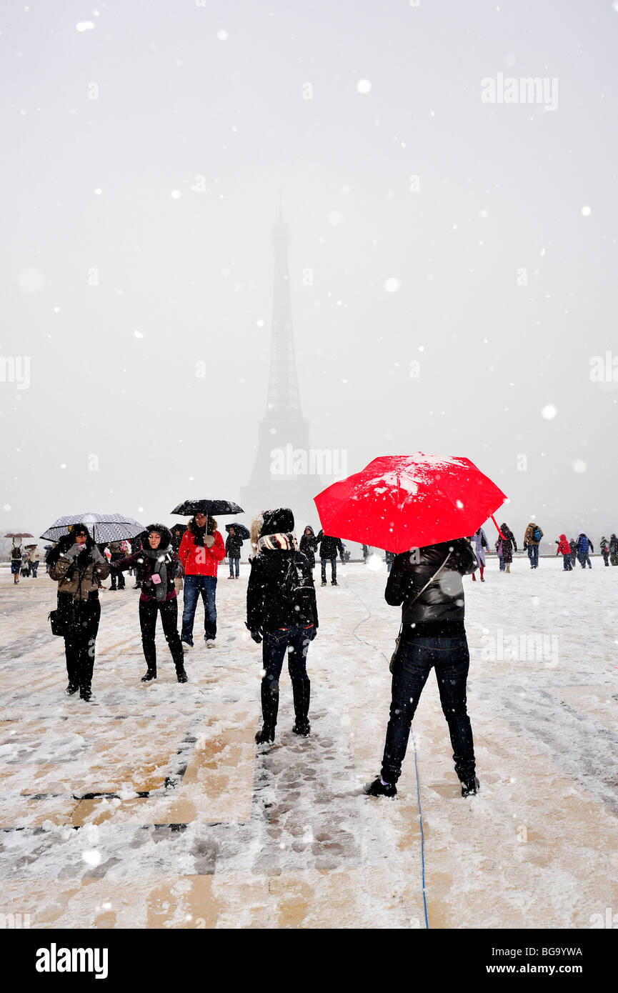 Paris, France, Snow Storm, Large Crowd of People, Tourists Visiting ...