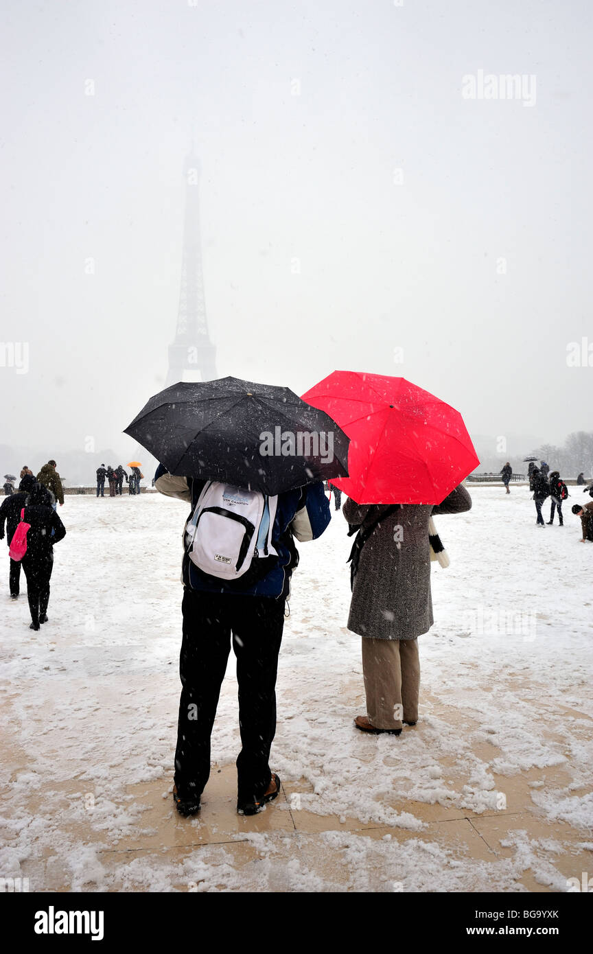Paris, France, Winter People in Snow Storm, Tourists Visiting "Eiffel ...