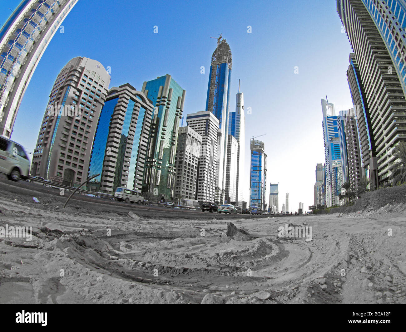 Dubai, Sheik Zayed Road, modern skyline, built on sand Stock Photo - Alamy