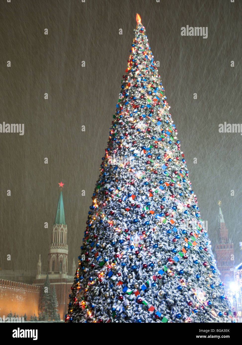snowfall and christmas tree on night Red Square Moscow Russia Stock ...