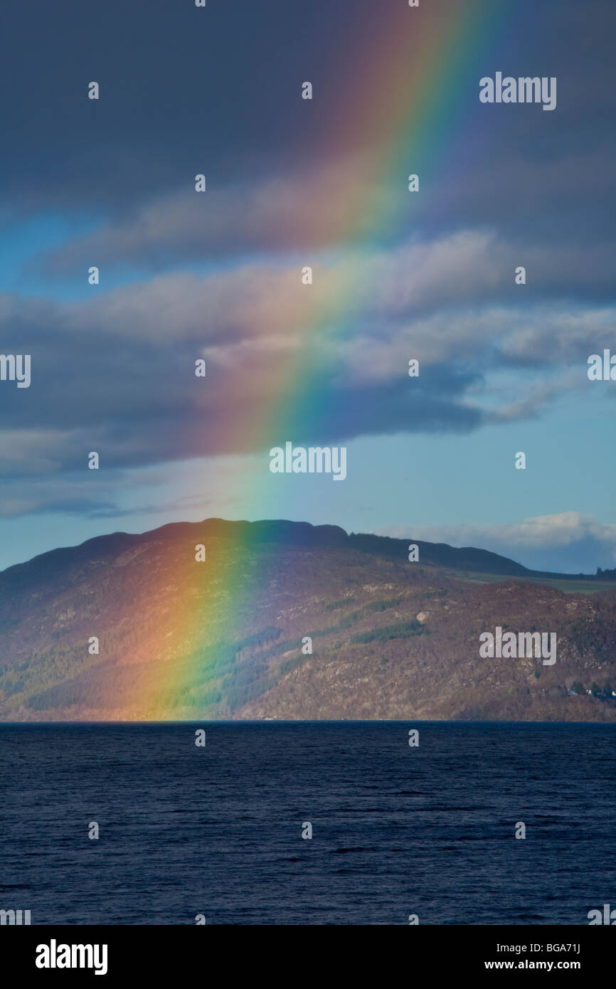 Scotland, Scottish Highlands, Loch Ness. A rainbow over Loch Ness ...
