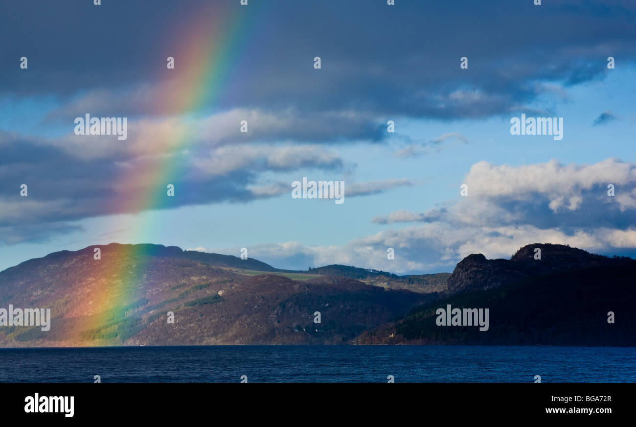 Scotland, Scottish Highlands, Loch Ness. A rainbow over Loch Ness ...