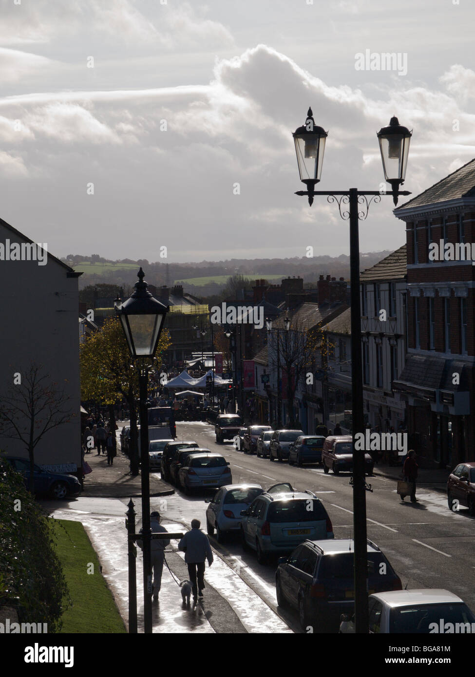 Historic market town on market day, looking down the High Street. Mold ...